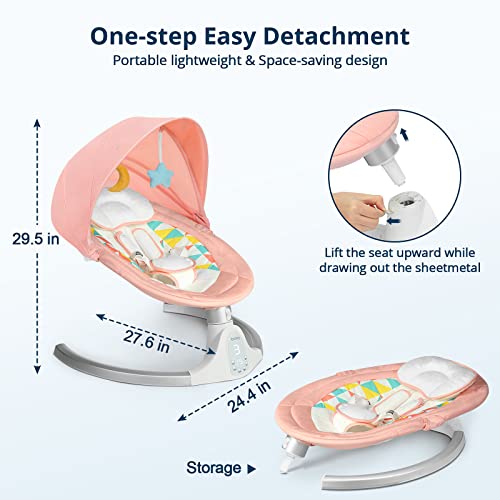 Bioby Baby Swing for Infants,The Five-Point Seat Belt,Bluetooth Touch Screen/Remote Control Baby Bouncer with Music Speaker,Motorized Portable Swing with 5 Swing Speeds(Pink)