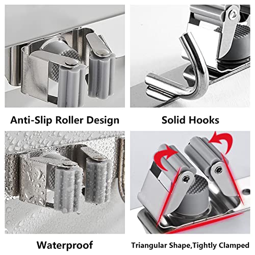 Piyl Broom Holder Wall Mount Garden Tool Organizer,Mop Hanger Wall Mounted Garage Storage,Kitchen,Laundry Utility Rack With 4 Racks and 5 Hooks - Metal Wall Holder For Broom, Rake,Mop Handles Up To 3/4β