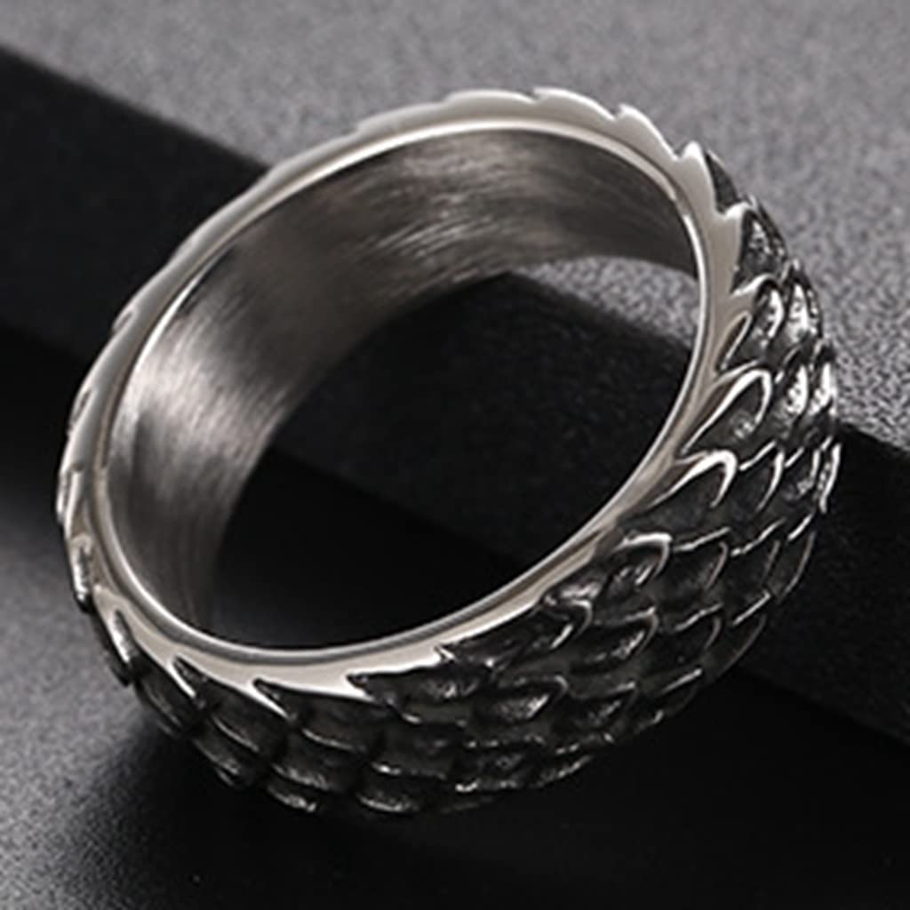 8mm Retro Vintage Stainless Steel Fish Snake Scale Pattern Band Style Biker Cocktail Party Halloween Ring (Silver Black, 9)
