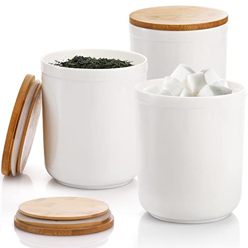 AVLA 3 Pack Ceramic Food Storage Jars with Bamboo Lids, 36 FL OZ White Kitchen Canisters Airtight Container for Serving Ground Coffee, Cookie, Tea, Sugar, Salt, Spices, Flour