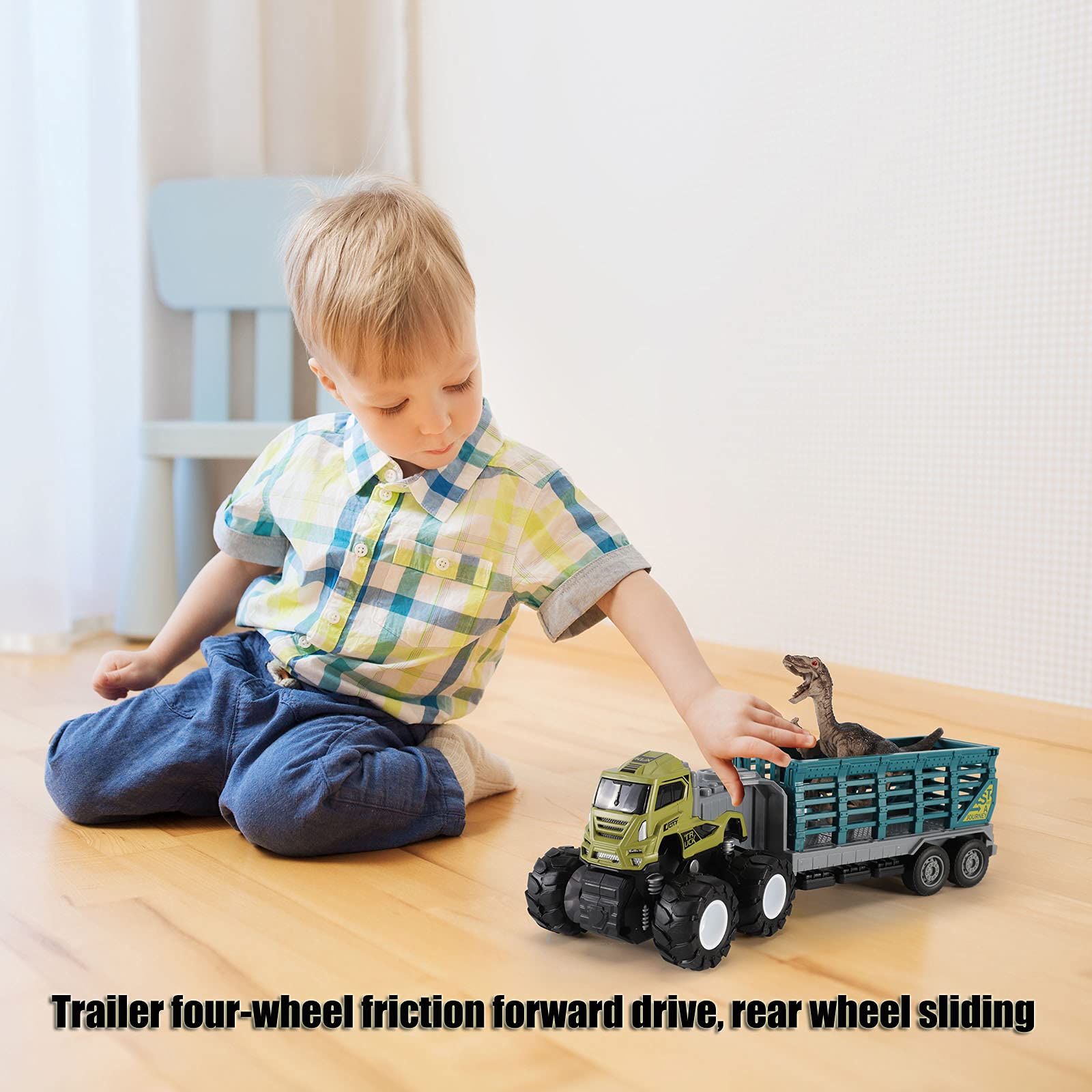 Dinosaur Transport Truck 9.8 inch Metal Trailer Belt 6.7 inch Velociraptor for 3 4 5 6 7 Year Old boy Toy