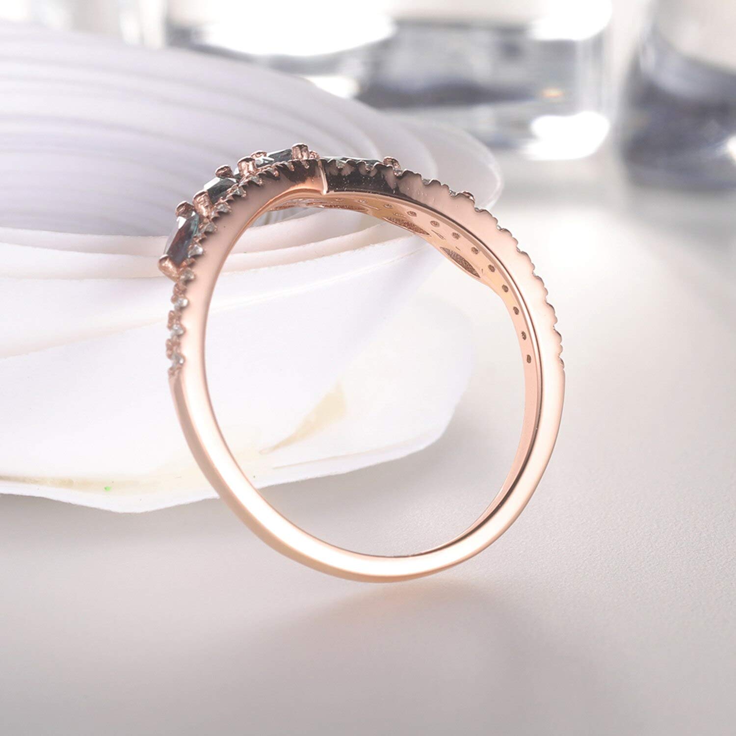 Alexandrite Sterling Silver Rose Gold CZ Diamond Wedding Band Stackable Matching Stacking Engagement Bridal Ring Statement Women Curved Chevron