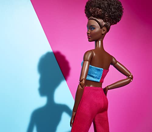 Barbie Looks Doll with Natural Black Hair in Color Block Crop Top & Raspberry Flare Pants, Posable Made to Move Body For 6 years and older