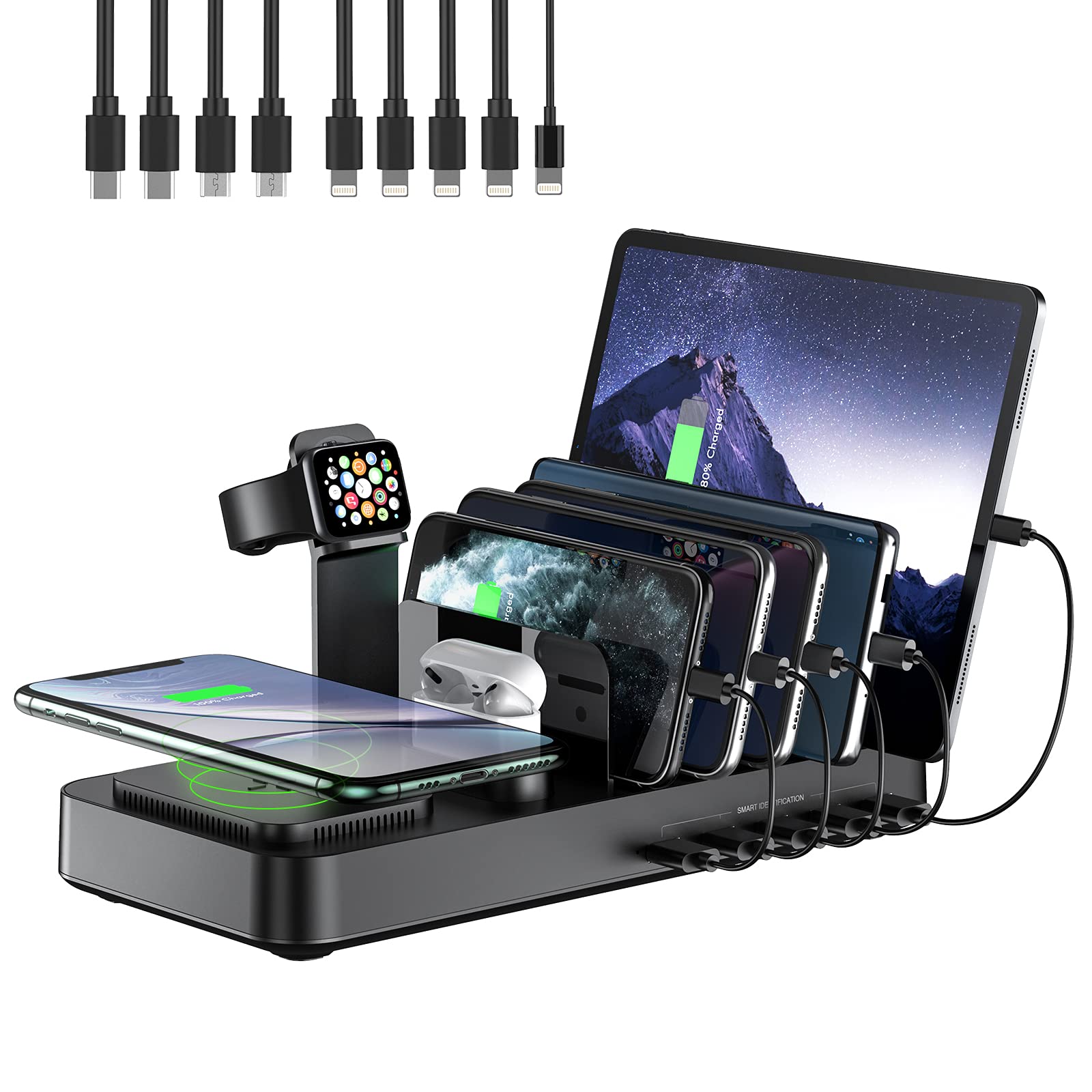 8 in 1 Wireless Charger Station for Multiple Devices, Charging Dock with AirPods iWatch Charger Stand, 10W Wireless Charger and 9 Short Mixed Cables for iPhone/iPad/Android/Tablets-Pitch Black