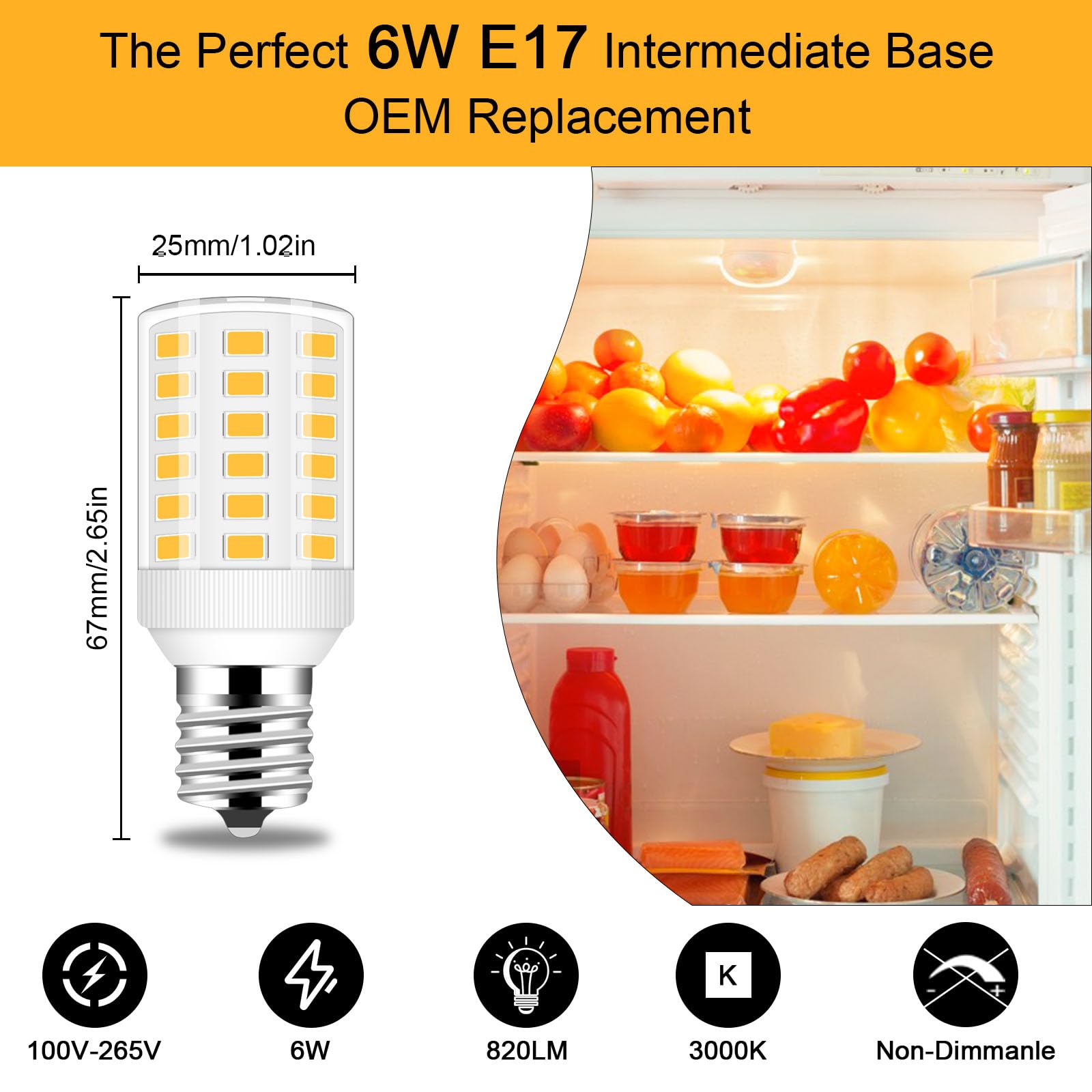 Kei d28k 4w Kel2812 Freezer Bulb Kei d28m kel 2815 ac100-265v 3.8w Refrigerator Light Bulb, E17 Intermediate Base LED Bulb Fit for Kenmore Refrigerator, Microwave Range Hood Bulb, 6W 3000K, 2 Pack