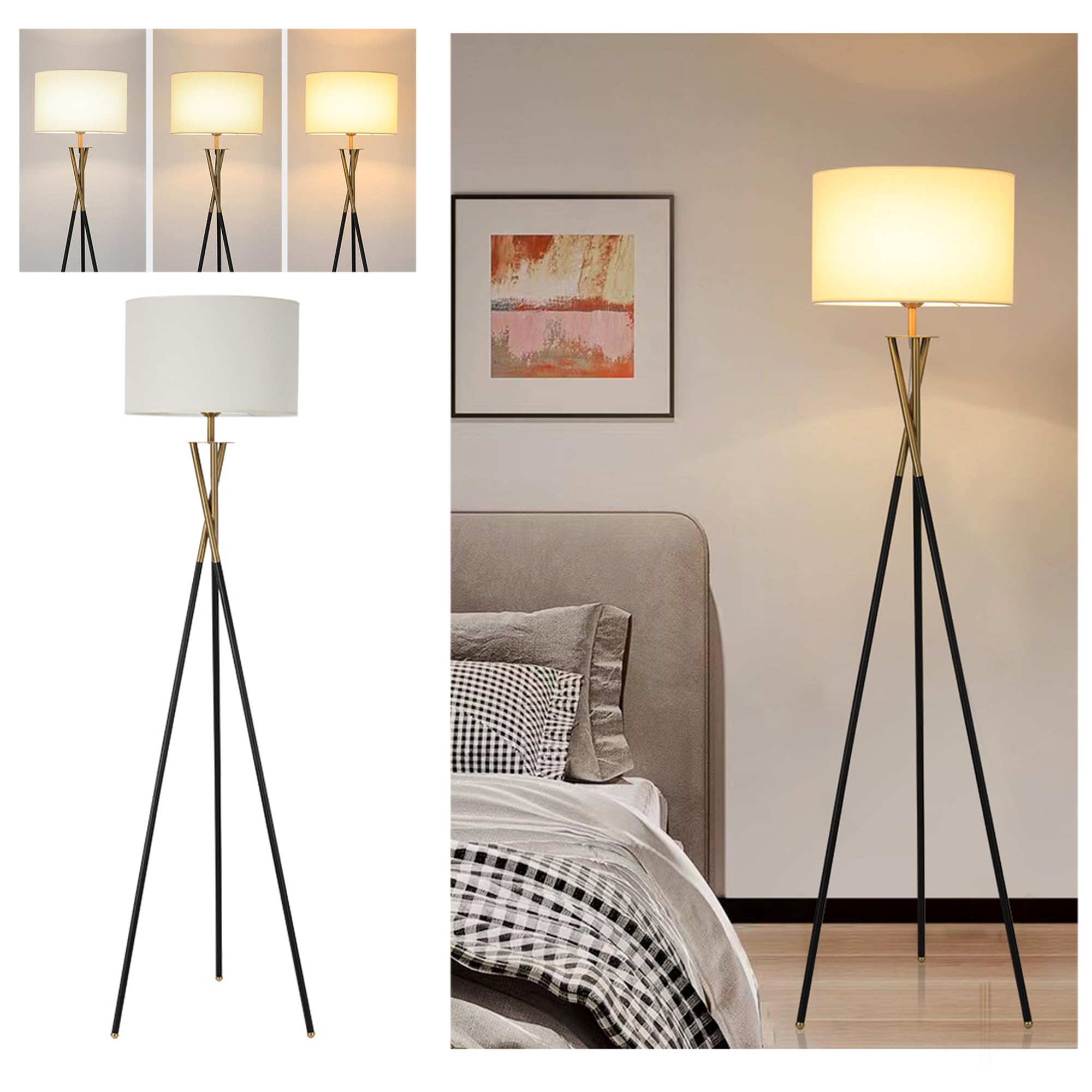 ACPYIDL Floor lamp Vertical Table lamp for Living Room, a Floor lamp Include Two Color Shades Linen and Black Shades, Suitable for Living Room Bedroom, Office, incl. 20W LED 3-Color Light Bulb…