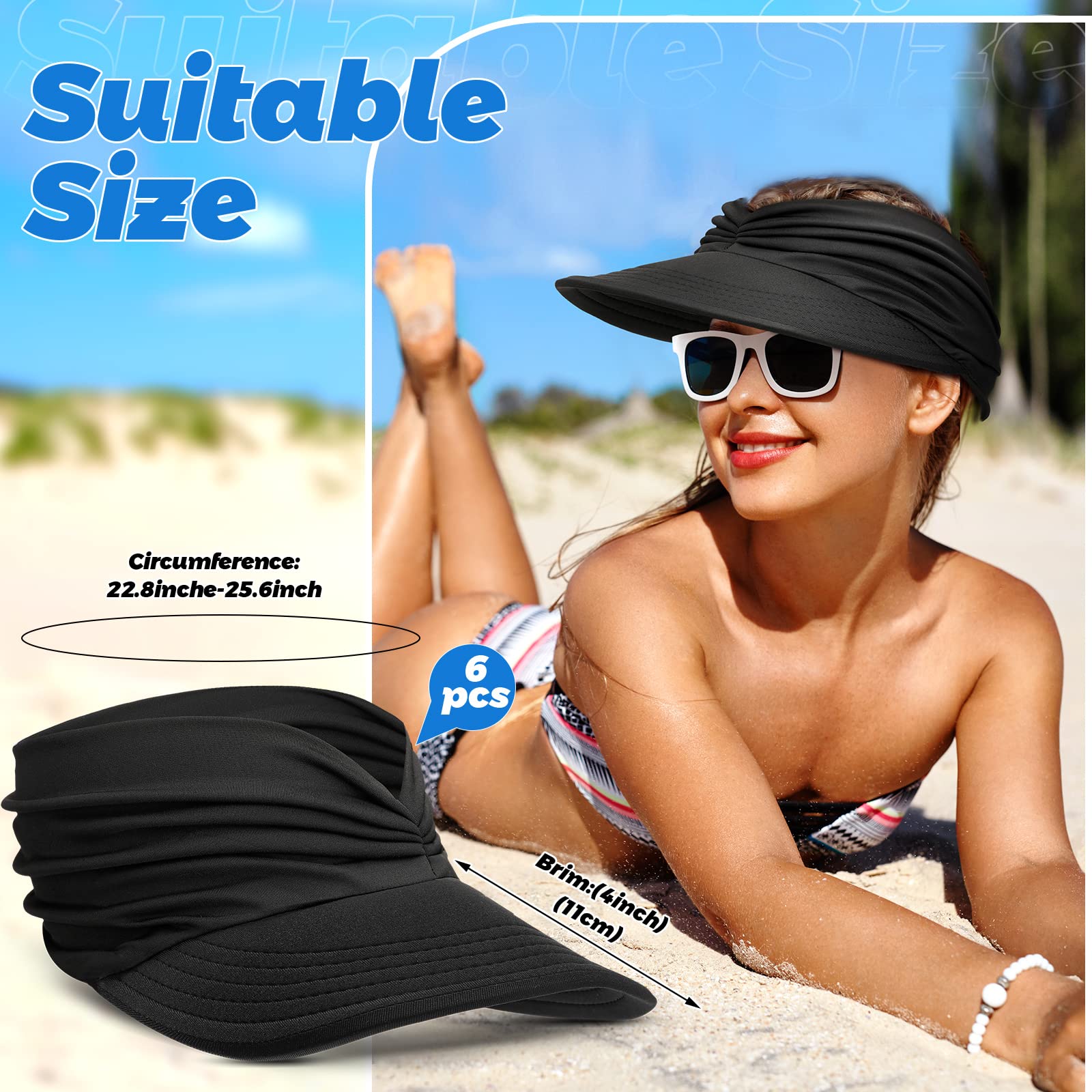 6 Pcs Women Sun Visor Hat Wide Brim Summer Cap UV Protection Beach Sport Cap for Golf Hiking Men (Black)