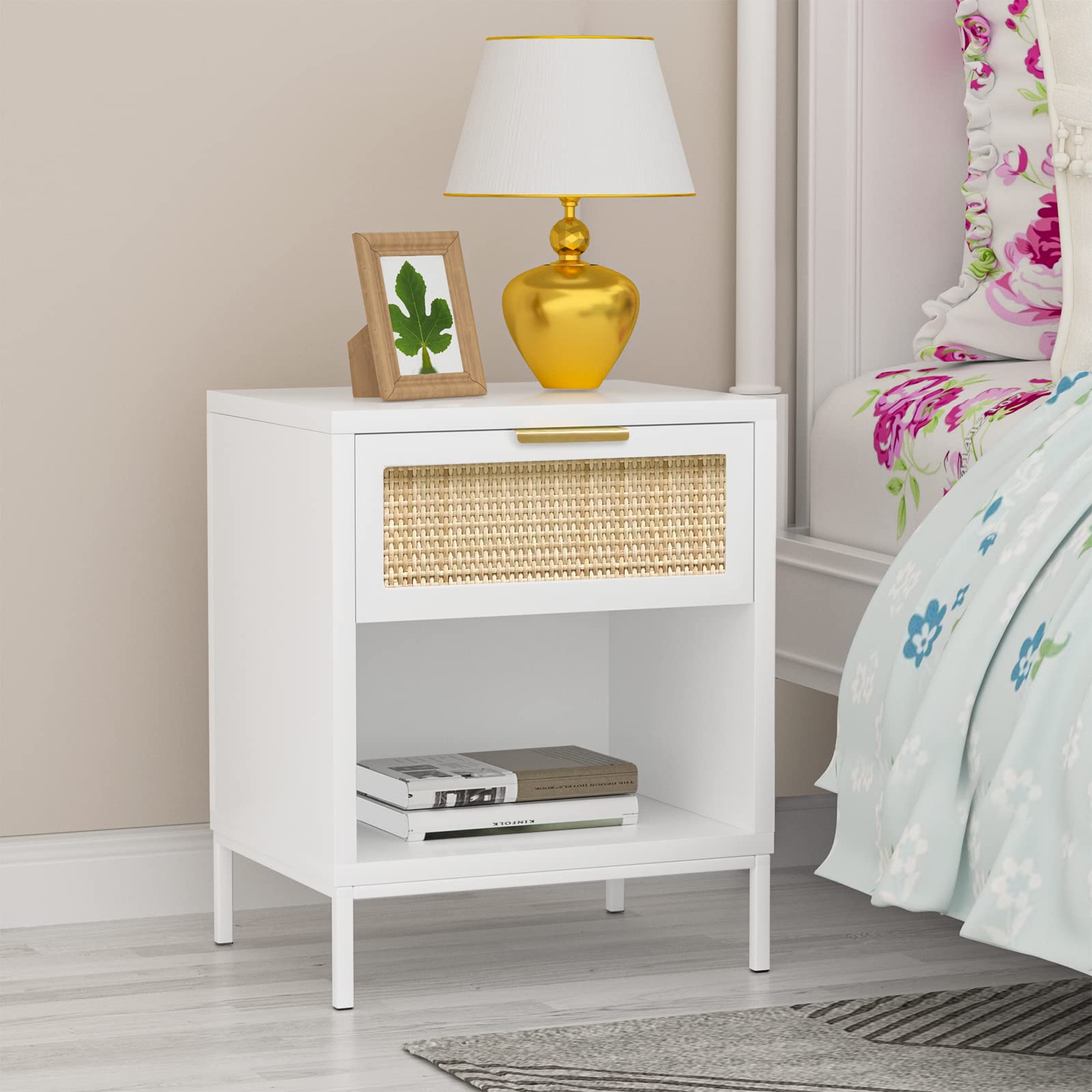 Anmytek White Nightstand with Rattan Decor Drawer, Mid Century Modern End Table with Open Storage, Farmhouse Night Stand, Small Side Table for Bedroom