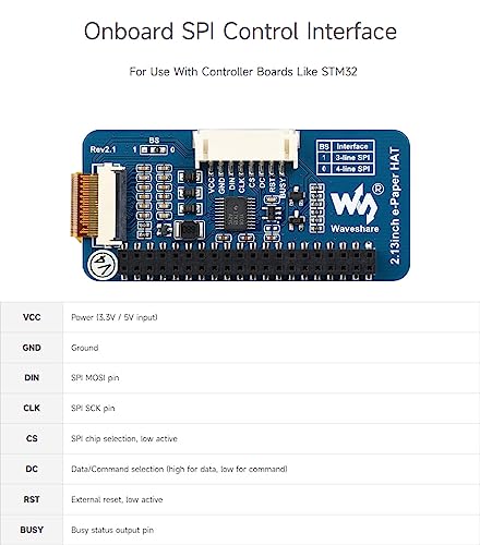 waveshare 2.13inch E-Ink Display HAT Compatible with Compatible with Raspberry Pi 5/4B/3B/Zero/Zero W/Zero 2W/Pico/Pico W/Pico WH, 212x104 Resolution Three-Color SPI Interface
