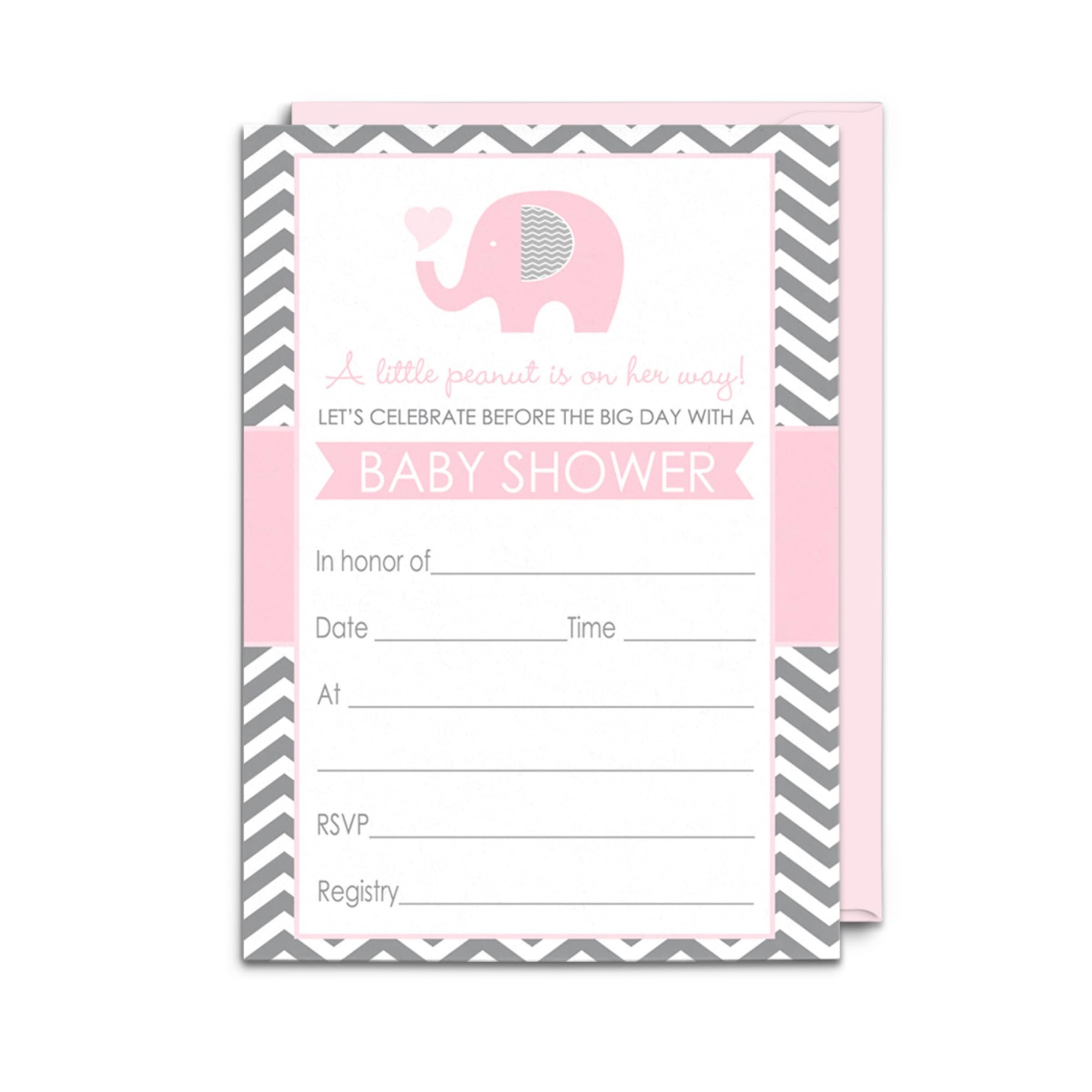 Paper Clever Party Pink Elephant Baby Shower Invitations and Envelopes (15 Pack) Baby Girls Invites for Sprinkle DIY, Cute Printed Card Set with Jungle Theme, 4x6