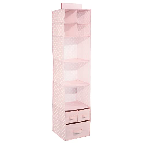 mDesign Fabric Hanging Organizer - Over Closet Rod Storage with 7 Shelves and 3 Removable Drawers for Baby Nursery Bedroom Organization - Hold Clothes, Linens, Toys, Accessories - Pink/White Polka Dot