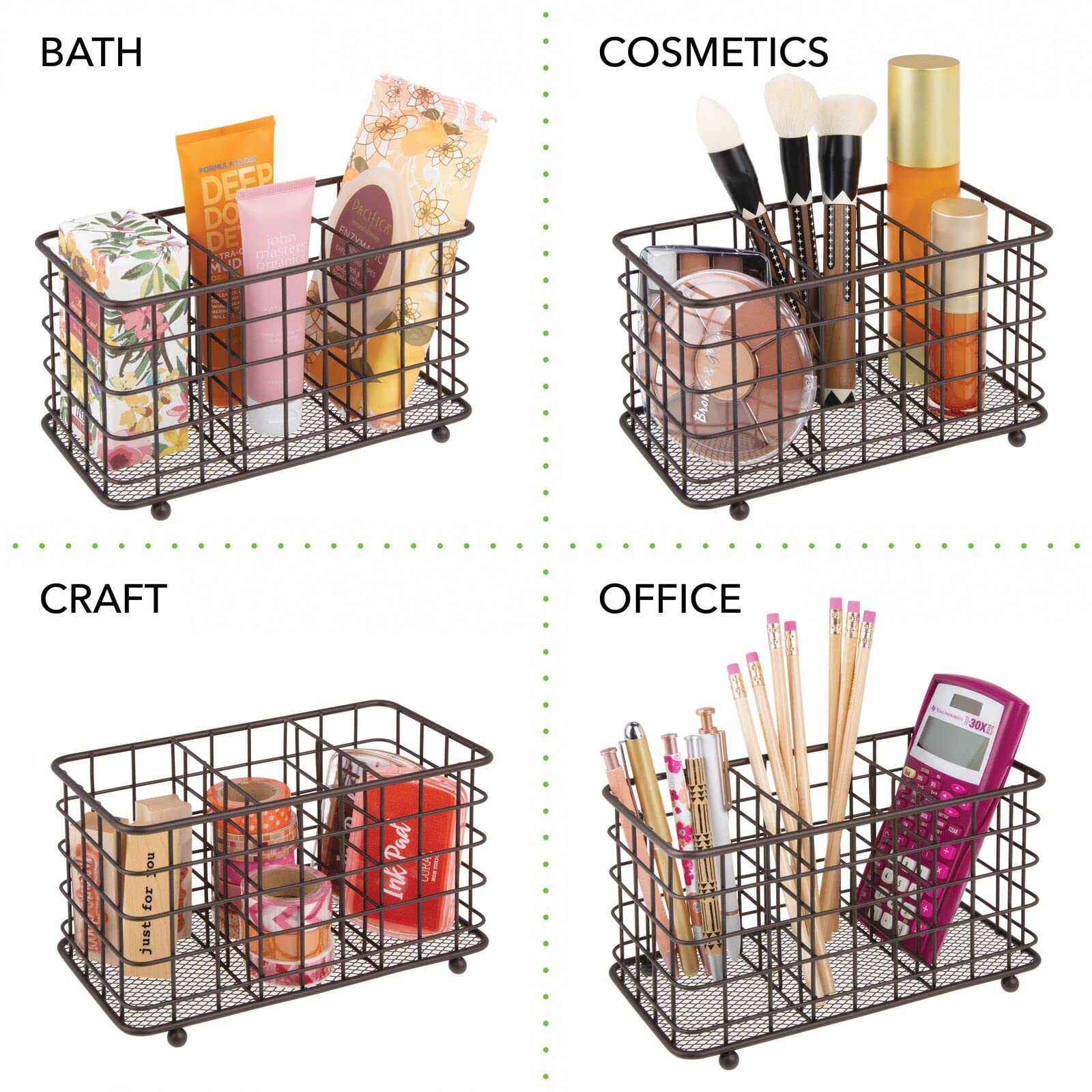 mDesign Farmhouse Modern Metal Wire Cutlery and Utensil Storage Organizer Bin for Kitchen, Pantry, Table and Countertop - Utensil Caddy Holds Forks, Knives, Spoons, Napkins - 3 Sections - Bronze