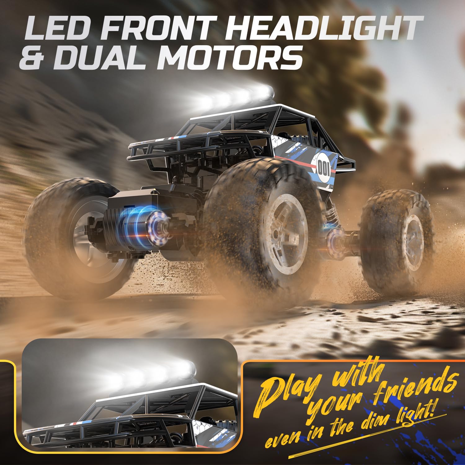 DEERC DE45 1:14 Remote Control Truck, RC Car Toy Rock Crawler, 4WD Off Road Monster Truck with Metal Shell Dual Motors LED Headlight 90 Min Play