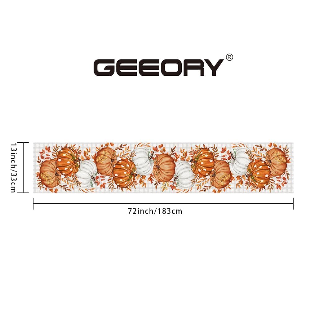GEEORY Fall Table Runner, 13x72 Inch Pumpkins Leaves Farmhouse Table Decoration for Kitchen Dinning, Indoor Outdoor Dinner Party (Orange Pumpkins) GT124-72