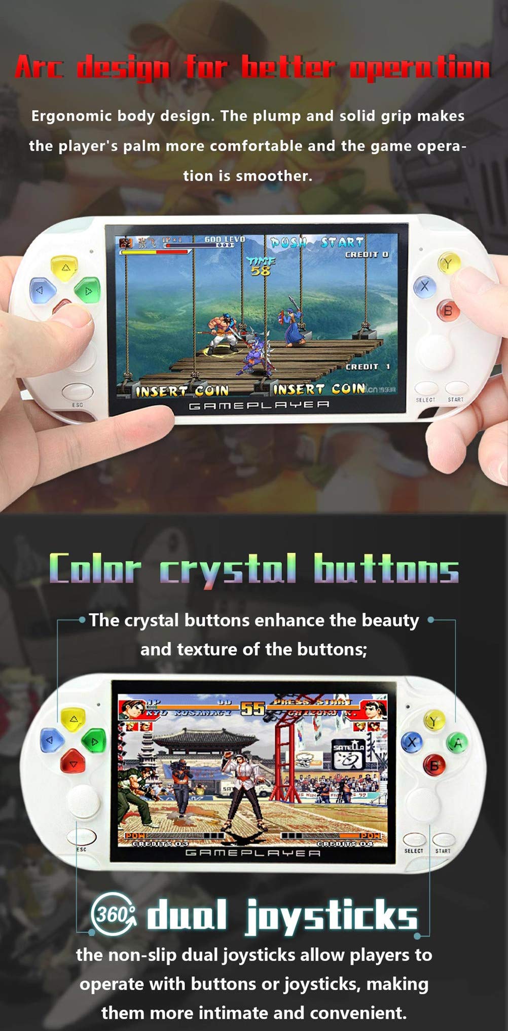 CZT 5.1-inch multi-function video game console color crystal buttons built-in 9600 games MP3MP4 lithium battery game archive AV OUT DV/DC hand-held gaming device (White)