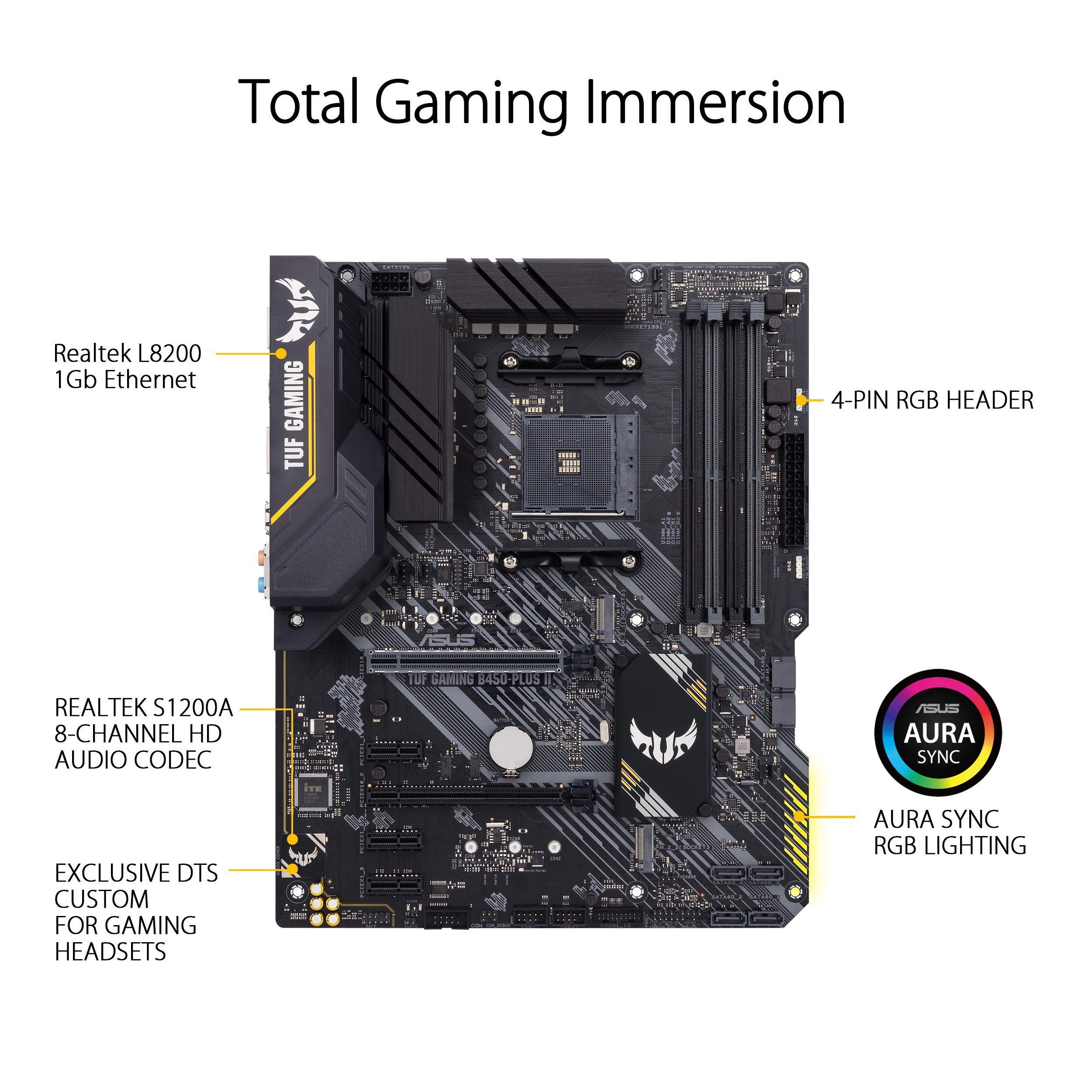 ASUS TUF Gaming B450-PLUS II AMD AM4 (Ryzen 5000, 3rd Gen Ryzen ATX Gaming Motherboard (DDR4 4400(O.C.), HDMI 2.0b, USB 3.2 Gen 2 Type-C, BIOS Flashback, 256Mb BIOS Flash ROM, AI Noise Cancelling Mic