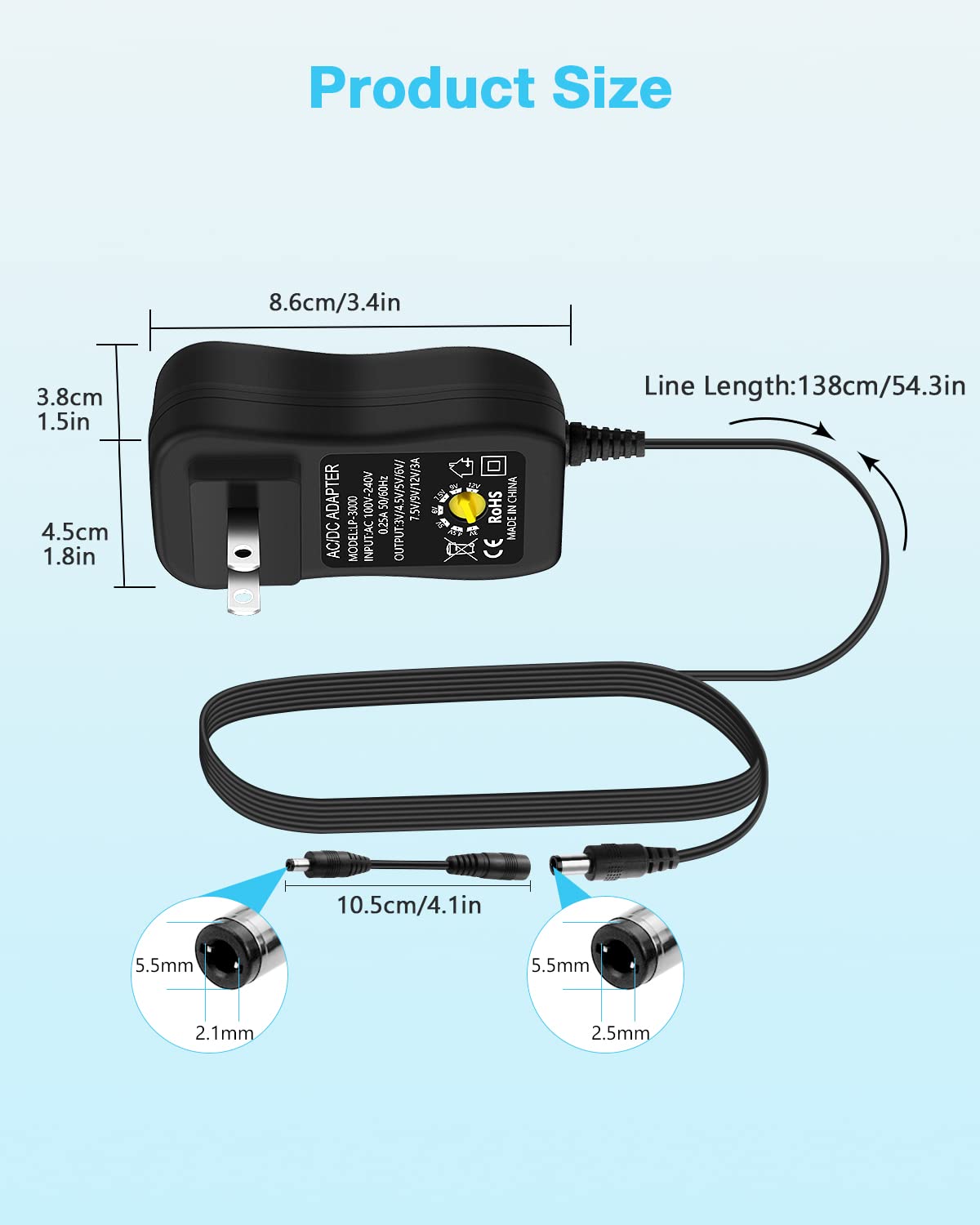 Aclorol 36W Universal AC/DC Power Adapter 3~12V 3A Adjustable Power Supply 100V-240V AC to DC 3V-12V 9V 7.5V 6V 5V 4.5V 3V 3A 2.5A 2A 1A Converter Switching with Polarity Converter & 14 Tips