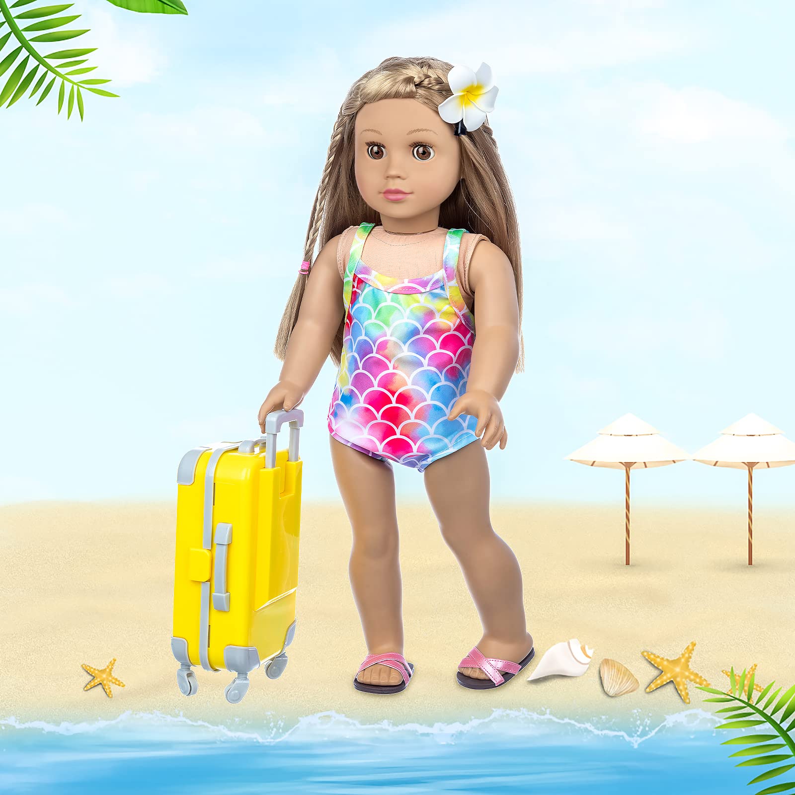 BDDOLL 18 Inch Doll Clothes and Accessories Dolls Travel Suitcase Luggage Play Set for 18 Inch Girl Doll Including Sunglasses Camera Computer Phone Ipad