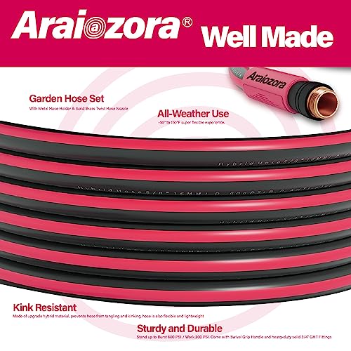 Garden Hose 50 FT,Heavy Duty Kink-resistant Hybrid 5/8 Inch Flexible Rubber Water Hose Kit With Solid Brass Twist Hose Nozzle & Hose Holder,All-weather,Lightweight,Burst 600PSI