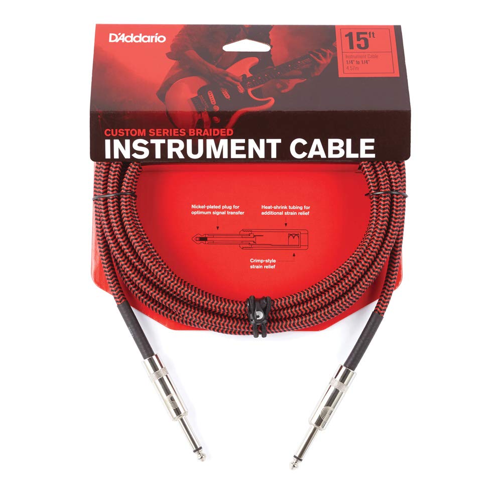 D’Addario Accessories Custom Series Braided Guitar Cable - Instrument Cable with Nickel Plated ¼ Inch Ends - Protects Guitar Cord Against Cuts, Kinking - 15 feet - Red
