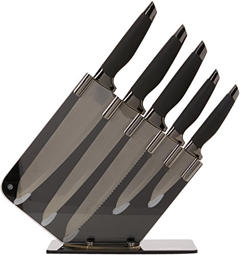 Tower Kitchen Stainless Steel Blades and Acrylic Stand, 5-Piece Knife Set, Black Damascus Effect