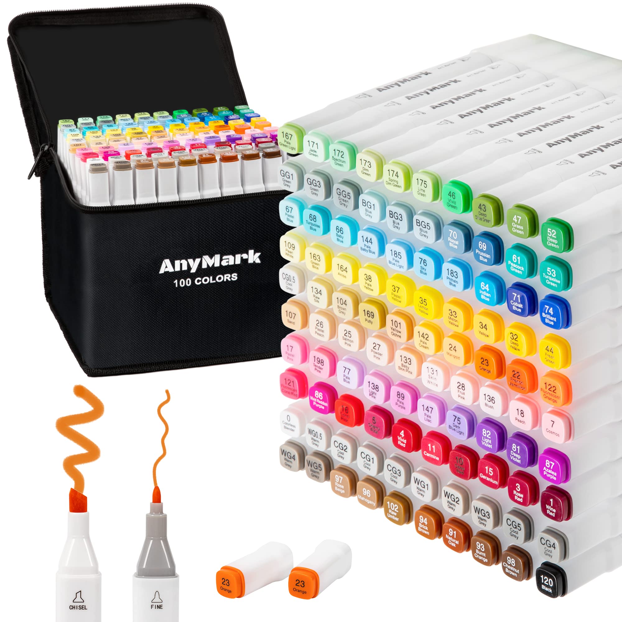 AnyMark 100 Colors Alcohol Markers, Markers Set, Dual Tip Alcohol Based Art Markers for Kids Adults Coloring Drawing, Chisel & Fine