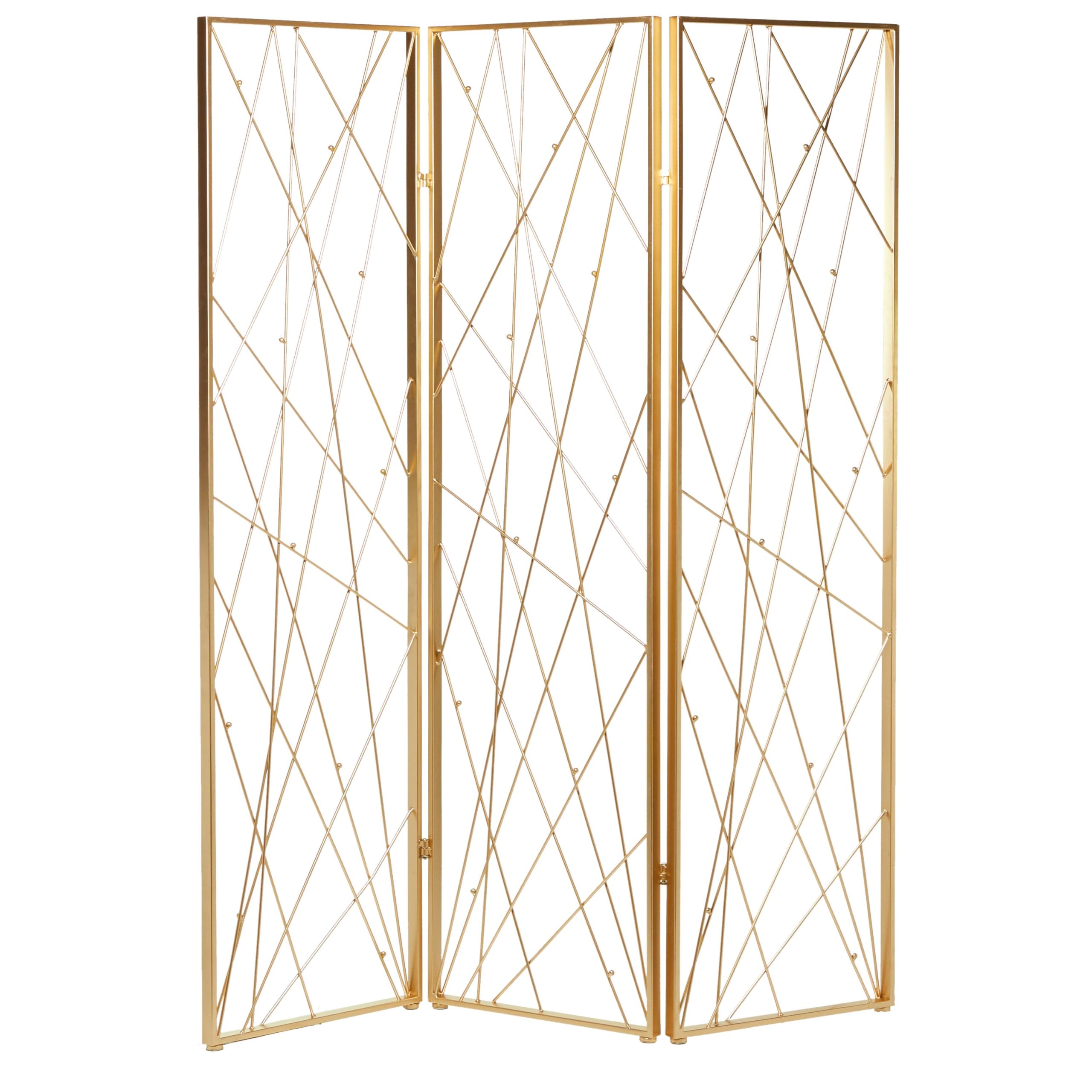 Deco 79 Metal Abstract Partition Room Divider Screen Foldable Partition Wire Rod 3 Panel Privacy Screen with Small Ball Accents, Room Partition 59" x 2" x 79", Gold