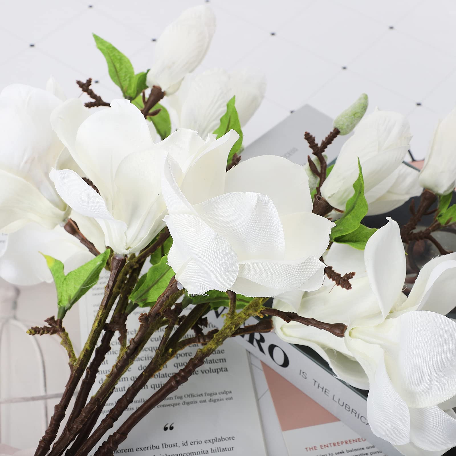 6 Stems Artificial 2 Head Magnolia Flowers, Realistic Silk Flower Bouquet for Floral Arrangements Home Table Decor Photo Props,White