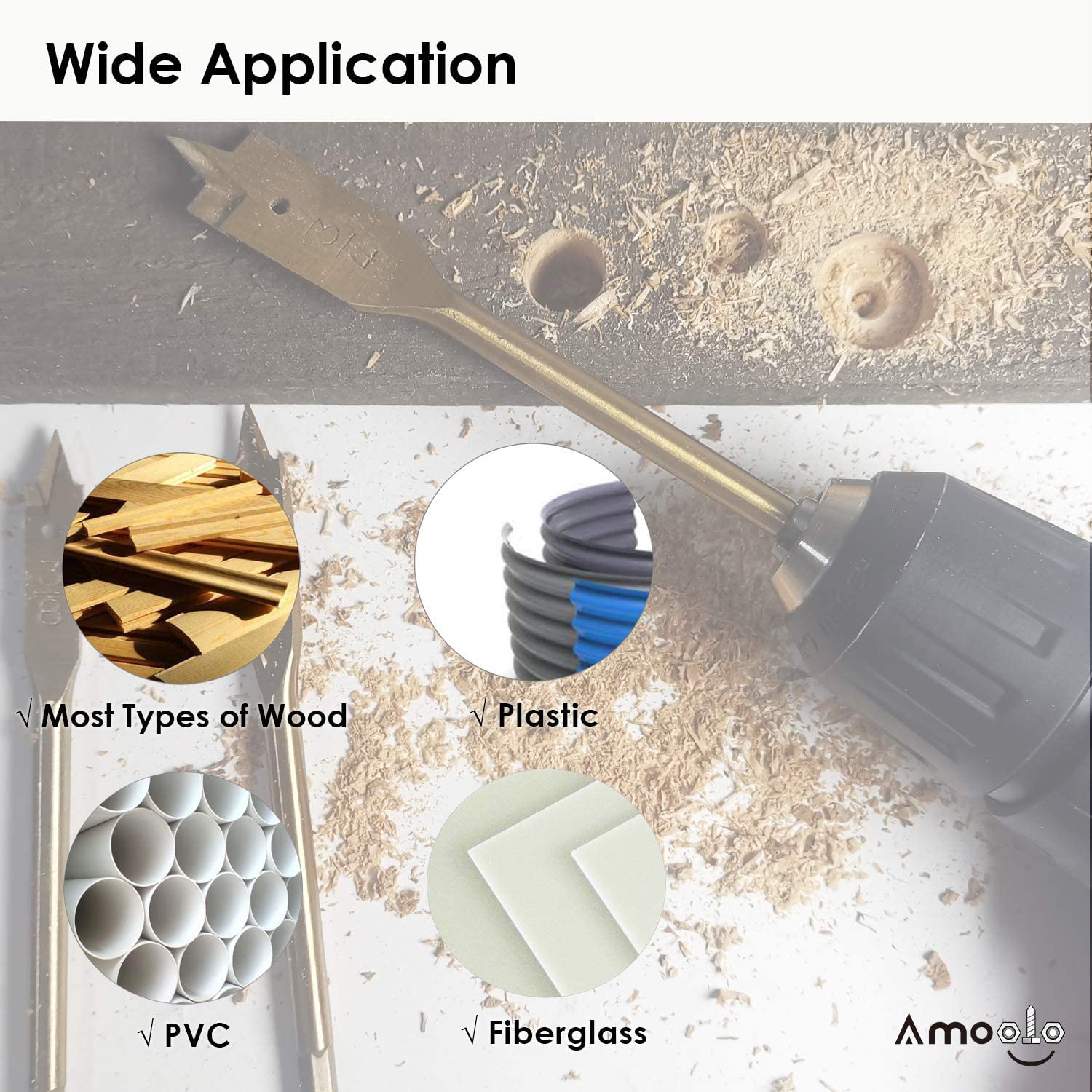 amoolo 3/4" Spade Drill Bits(5Pcs) Titanium Hex Shank Spade Drill Bit Set for Wood, Plastic and PVC Shank