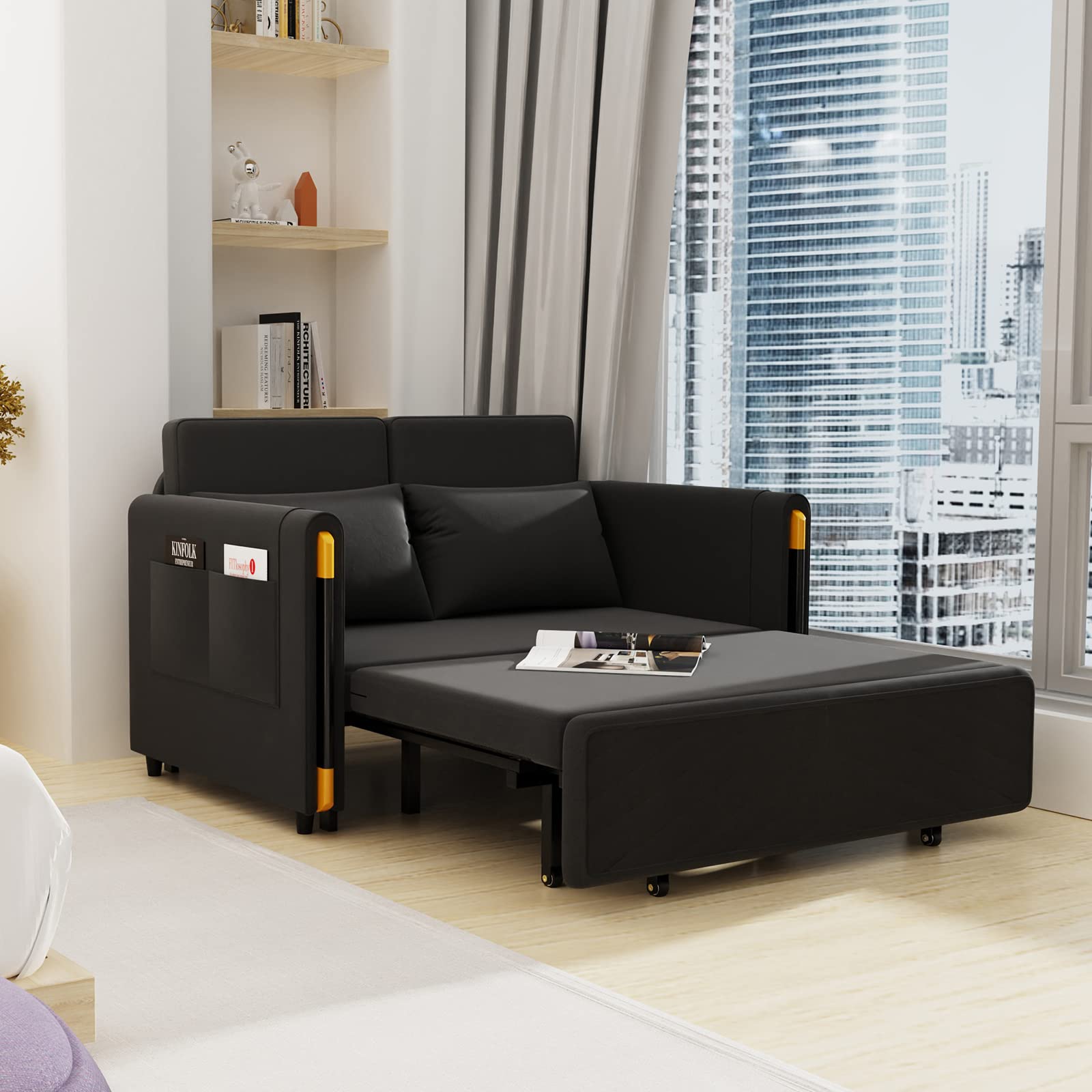 54" Pull-out Sofa Bed, 3 in 1 Linen Fabric Modern Convertible Sleeper Sofa 2-Seater Loveseats with Two Pillows and Arm Pockets for Living Room, Home, Office, Bedroom - Black