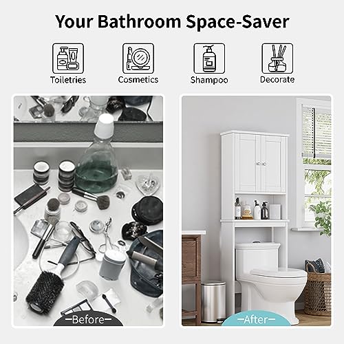 Shintenchi Over The Toilet Storage Cabinet, Bathroom Shelf Organizer with Anti-Tip Device Small Freestanding Space Saver with Adjustable Shelf,White