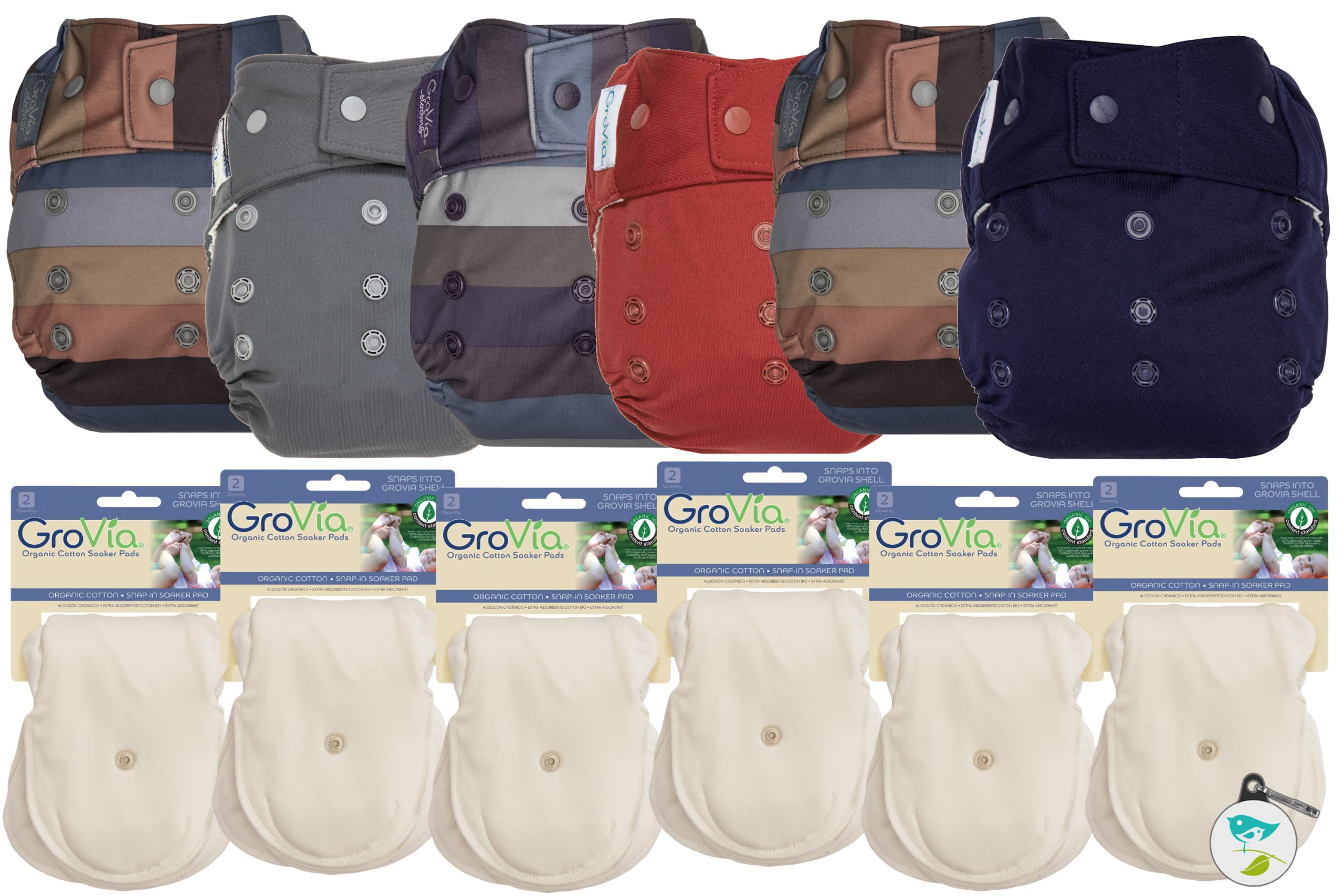 GroVia Hybrid Part Time Package: 6 Shells + 12 Organic Cotton Soaker Pads (Color Mix 7 - Snap)