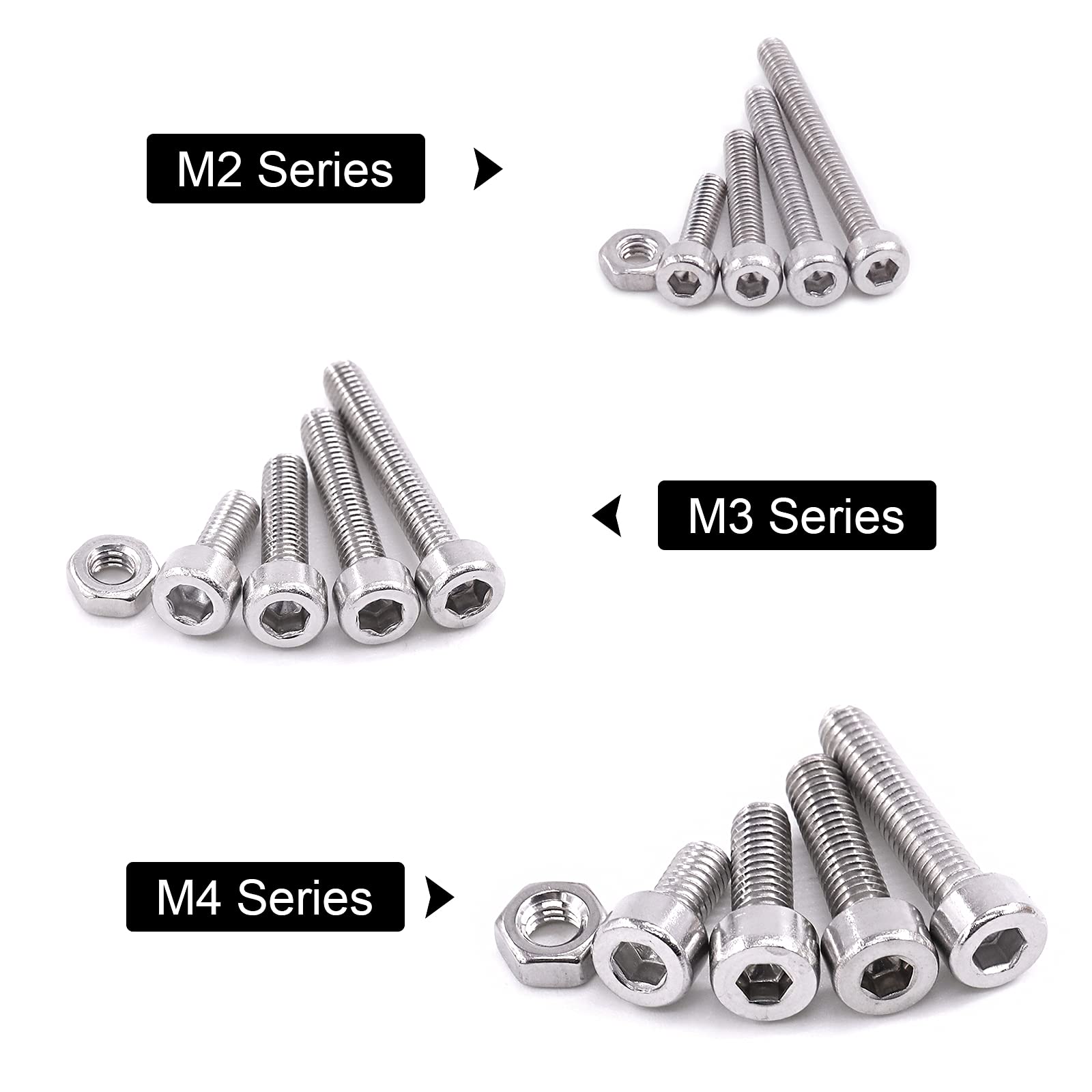 Hilitchi 510-Piece M2 M3 M4 Stainless Steel Hex Socket Head Cap Screws Nuts Assortment Kit with Box - 304 Stainless Steel