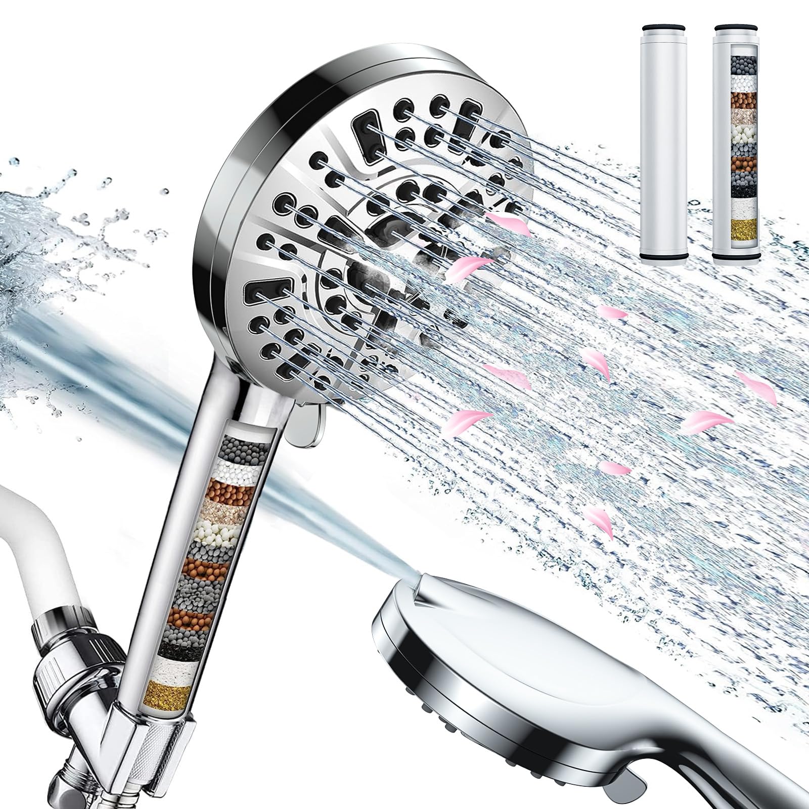 High Pressure Shower Head with Handheld, 10 Spray Settings Water Saving Shower Heads with Stainless Steel Hose,Holder & PTFE Tape, Wider Silver Face for Tubs Tiles Walls Pets Cleaning, Black