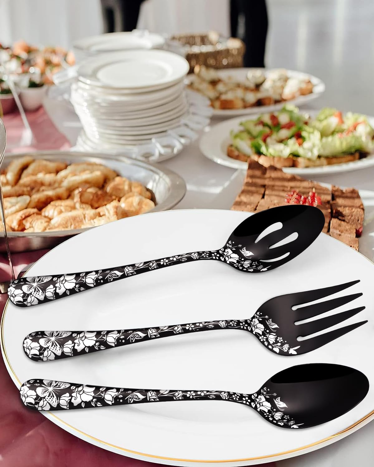 Stapava Serving Utensils Set Black, 5PCS Stainless Steel Flatware Serving Set with Large Serving Spoon Slotted Serving Spoon Serving Fork Sugar Spoon Butter Knife for Dinner Party, Dishwasher Safe