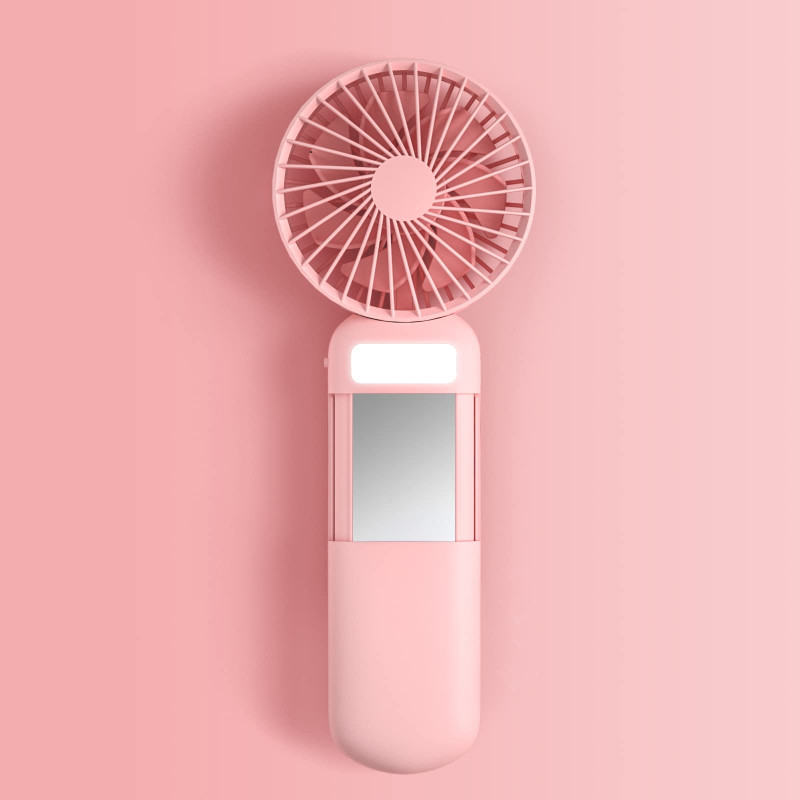 decorneo Portable Handheld Fan with Makeup Lights, Mini Fan Rechargeable Quiet 3 Speed Necklace Fan, USB Desk Fan with Stand,Small Hand Held Fan, Gift for Women Travel Outdoor Indoor - Pink