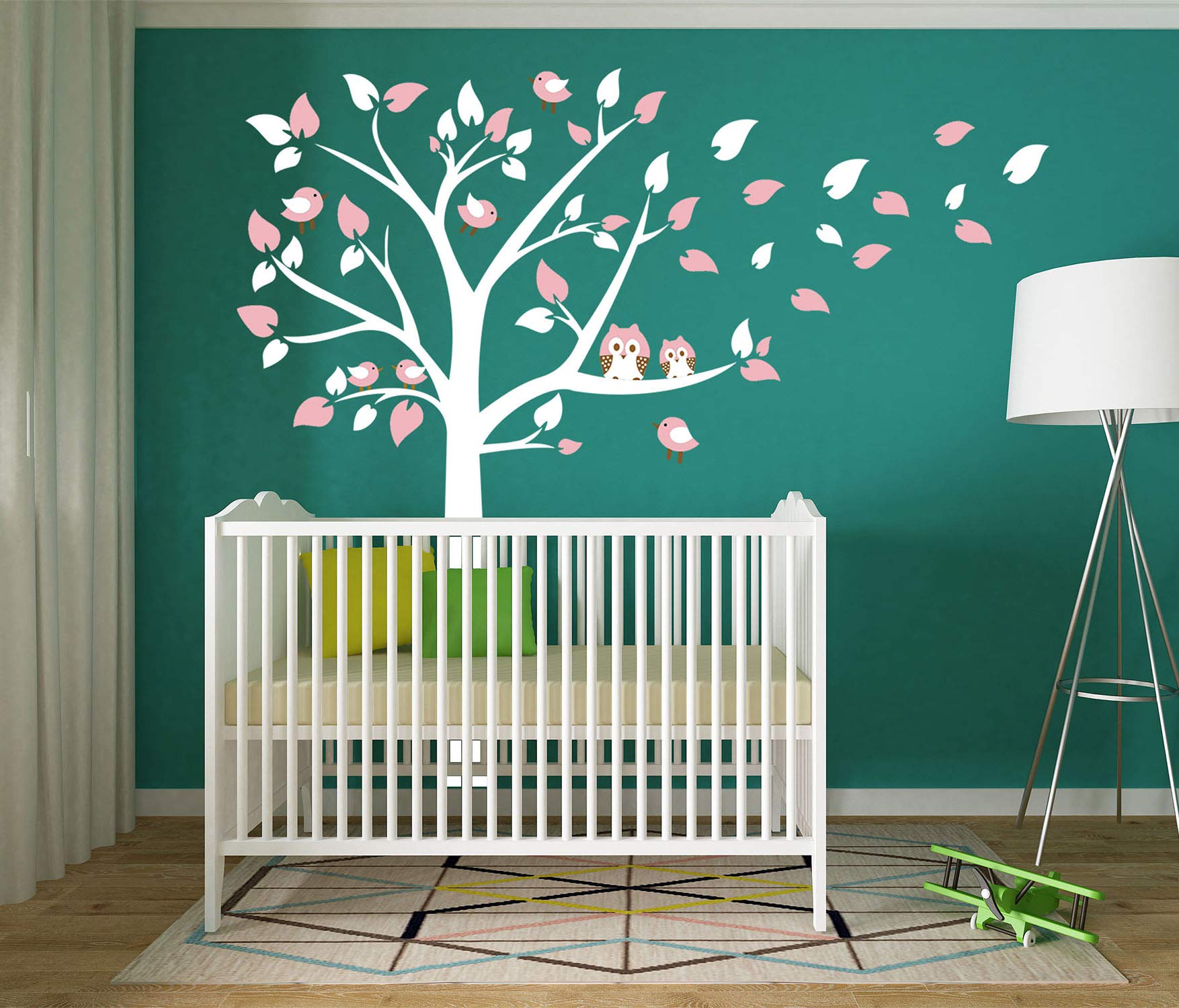 LUCKKYY Cute Owls with Birds Stand on The Tree Wall Decals Tree Wall Decals Tree Wall Sticker for Kid Baby Nursery Room (87x78") (Pink.)