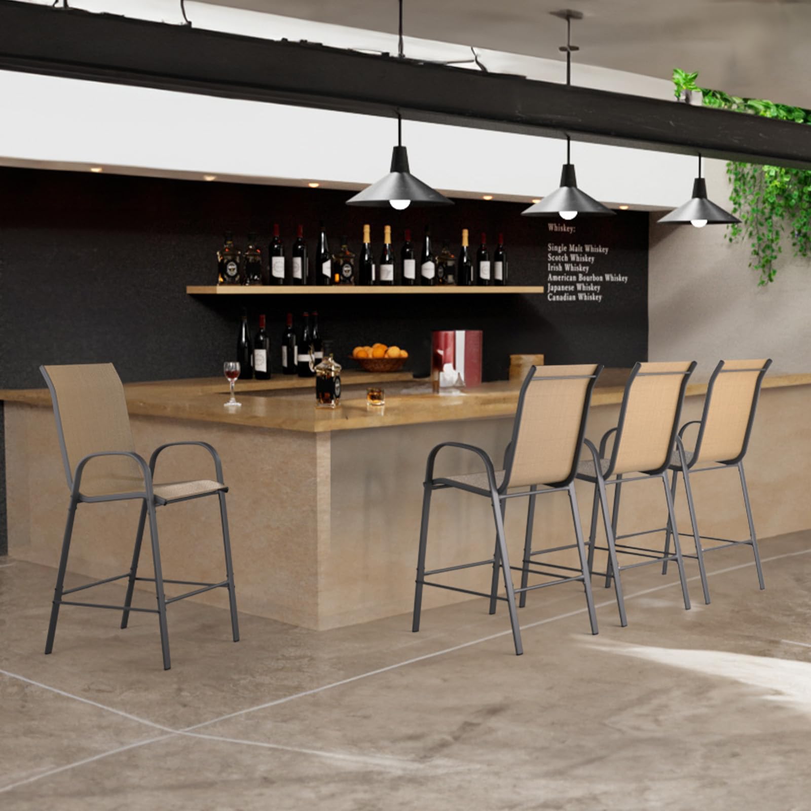 Amopatio Outdoor Bar Stools Set of 4, Sturdy High Back Outdoor Bar Chairs, All-Weather Textile Patio Bar Stools, Comfortable Bar Hight Patio Chairs for Backyard, Balcony, Porch, Brown
