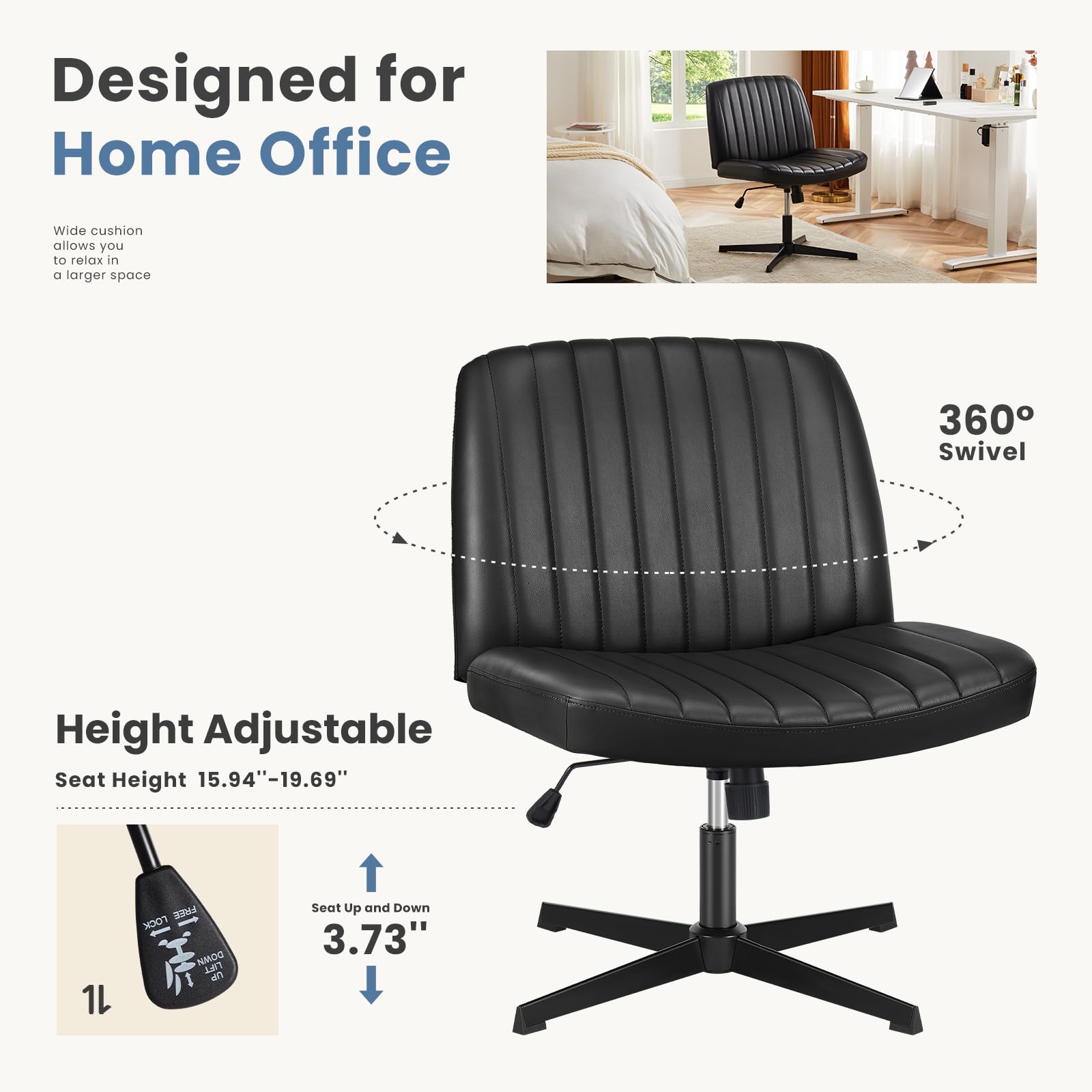 DUMOS Cross Legged Armless Wide Wheels, Modern Home Office Desk Swivel Adjustable Vanity Chair, Leather Black