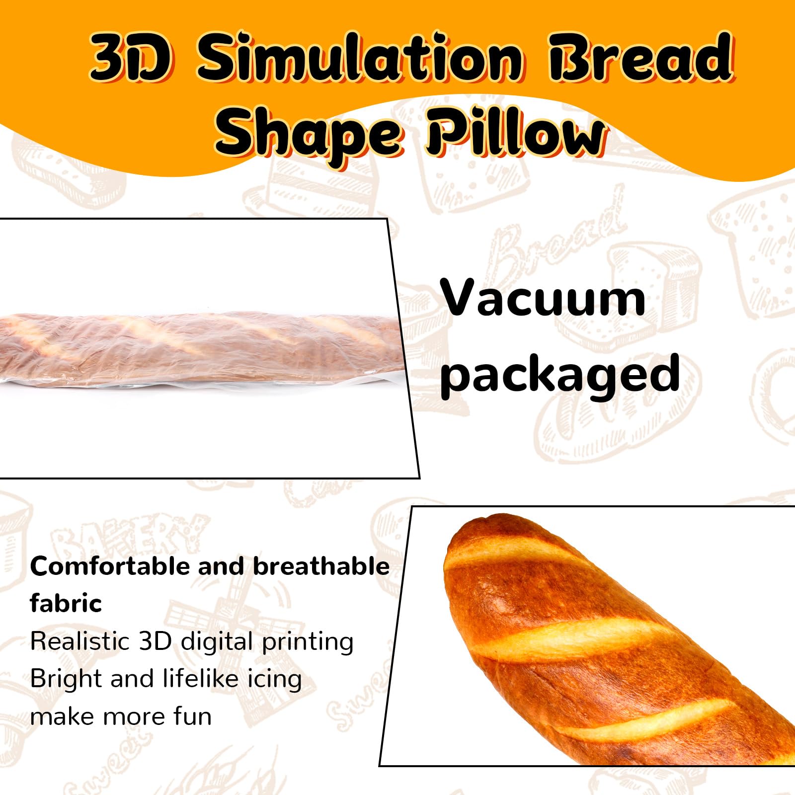 AUECOOME 40" Bread Pillow Giant Bread Plush Pillow 3D Simulation Baguette Pillow Funny Body Pillow Food Plush Christmas Stuffed Toys for Girls Boys