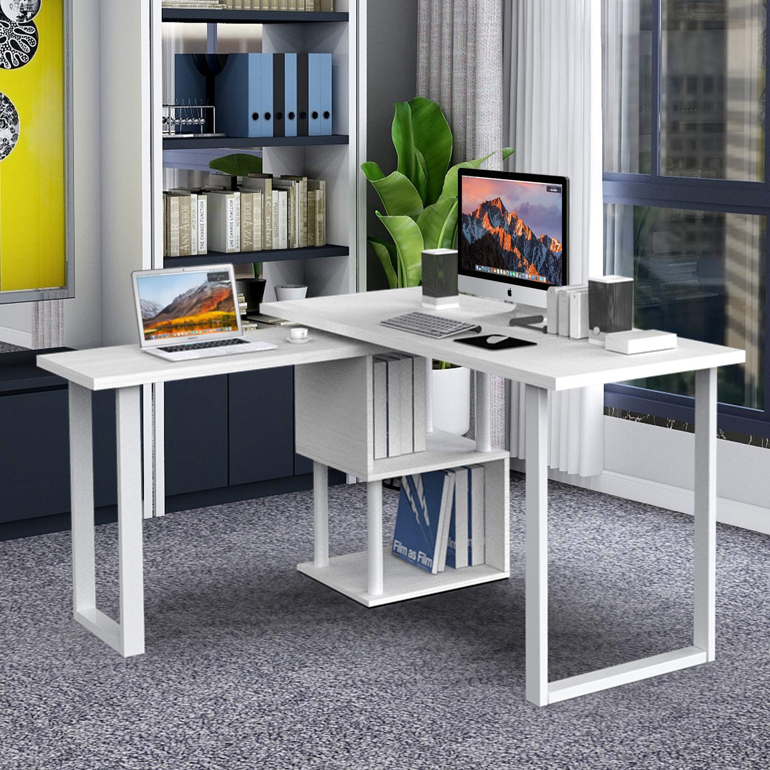 55" Large Size L-Shaped Computer Desk,Workstation with Storage Shelves,360°Rotating Corner Desk,Study Writing Table Home Office Desk (White)