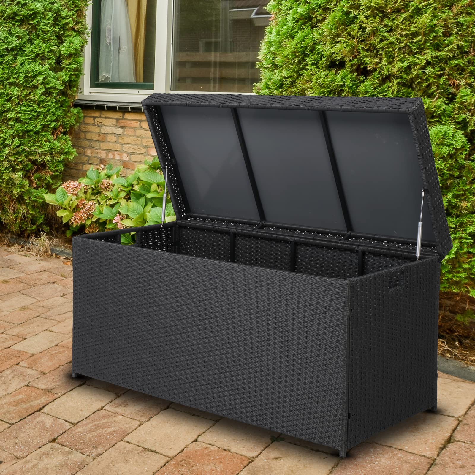 VINGLI Upgraded Version 132 Gallon Outdoor Storage Box, Patio Rattan Deck Box, Wicker Storage Bench for Indoor, Outdoor, Pool, Balcony, Yard, Garden, Black