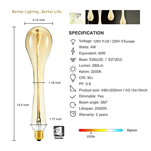 Beilf Decorative Oversized Edison Light Bulbs with E26 Base, Amber Glass, 4W Warm White 2200K, Dimmable, Large Led Filament Specialty Light Bulbs for Decorating Your Home