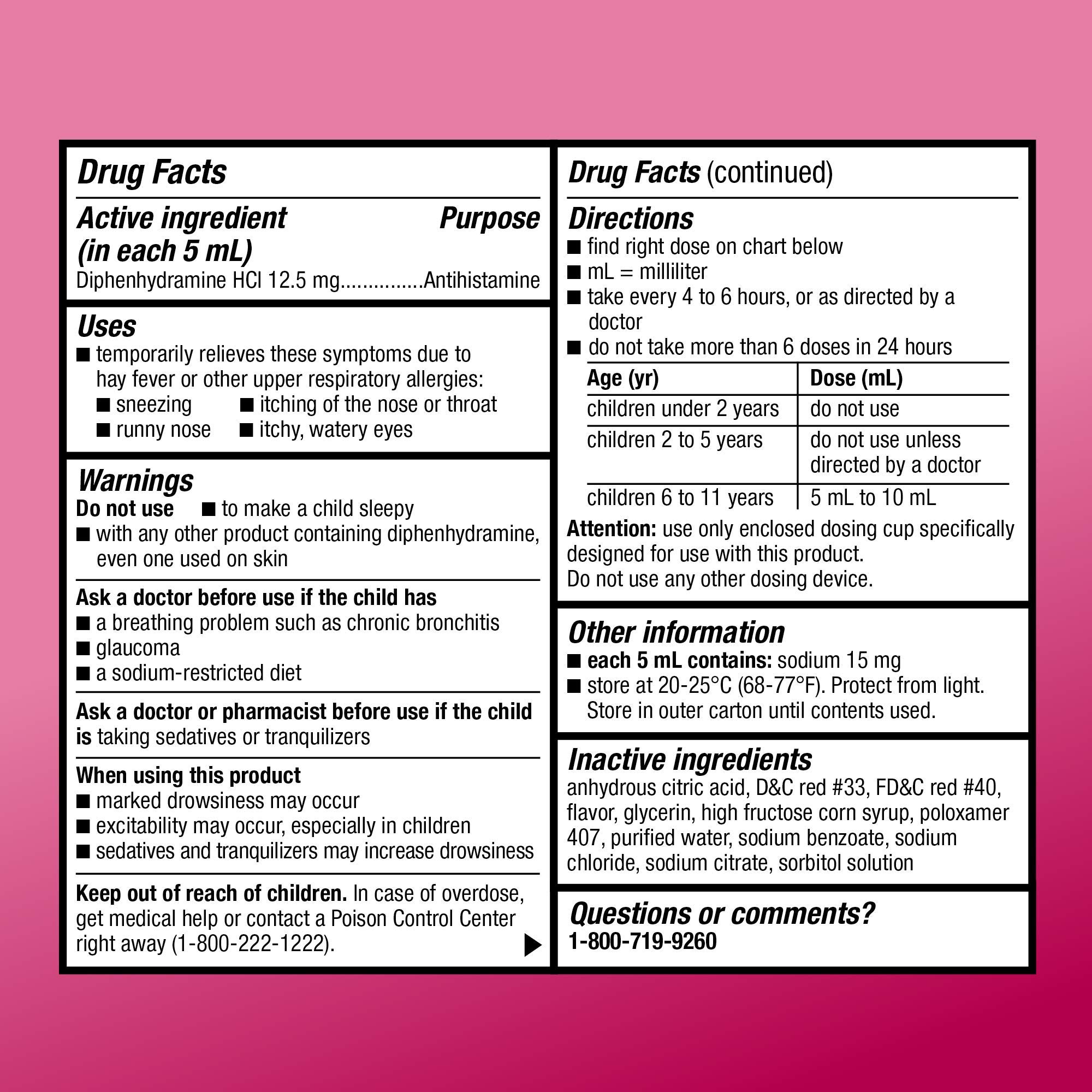 Amazon Basic Care Children's Allergy Relief Liquid, Kids Allergy Medicine with Diphenhydramine HCl, Antihistamine, Cherry Flavor, for Children Ages 6-11 Years, 8 Fl Oz (Pack of 1)