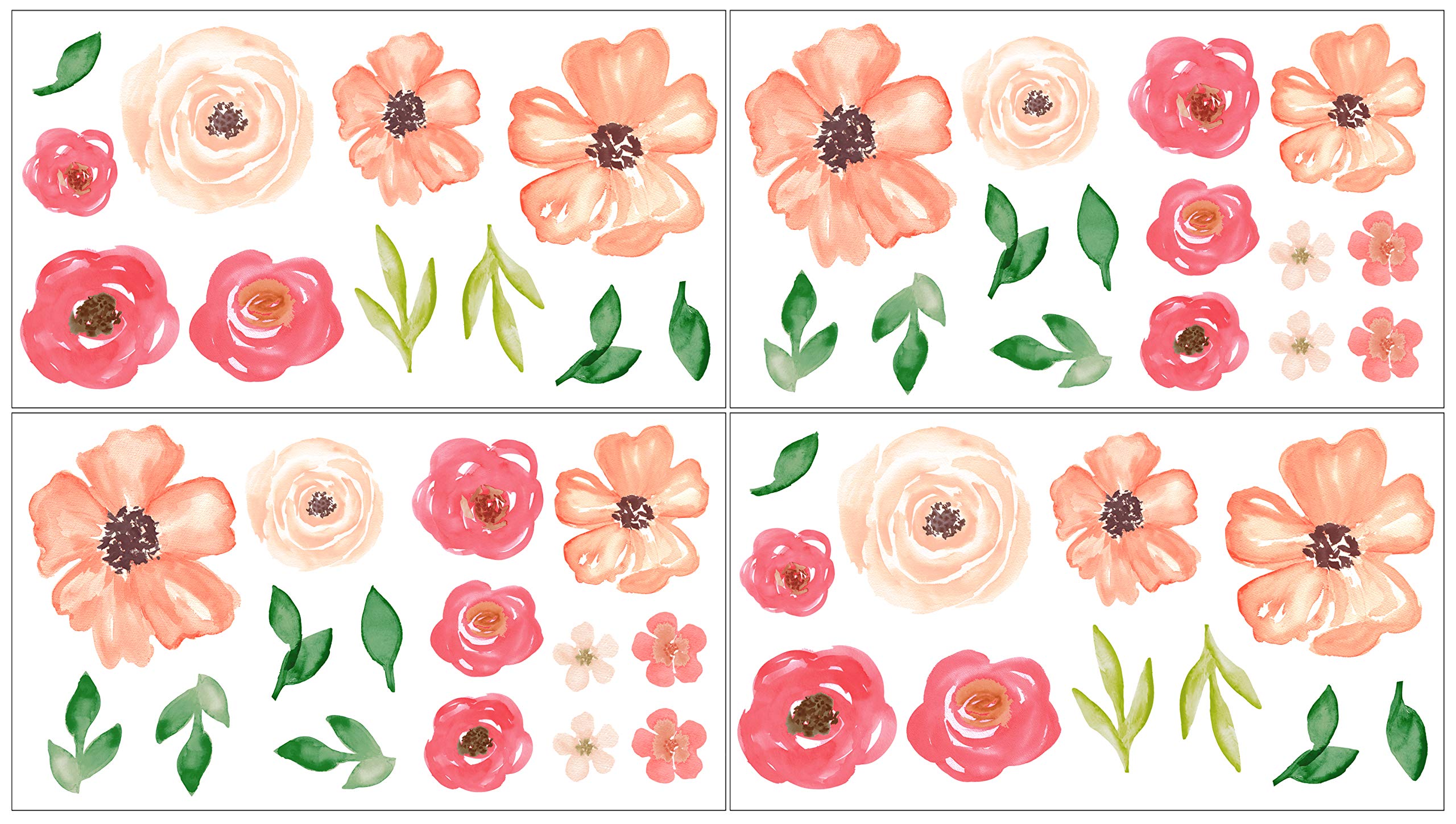 Sweet Jojo Designs Peach, Green and White Wall Decal Stickers for Peach Watercolor Floral Collection - Set of 4 Sheets - Pink Rose Flower