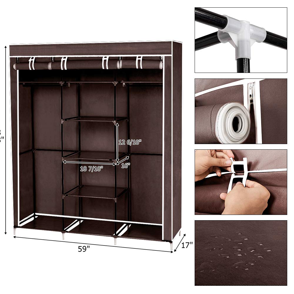 59" Portable Closet Storage Organizer Non-Woven Fabric Clothes Wardrobe (Dark Brown)