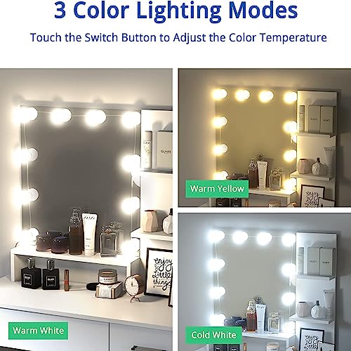 Bituman Makeup Vanity Table with Lighted Mirror, Modern Dressing Table with a Large Drawer White Vanity Set with Cushioned Stool Vanity Desk with Storage Cabinet for Women, Girls, Bedroom, White