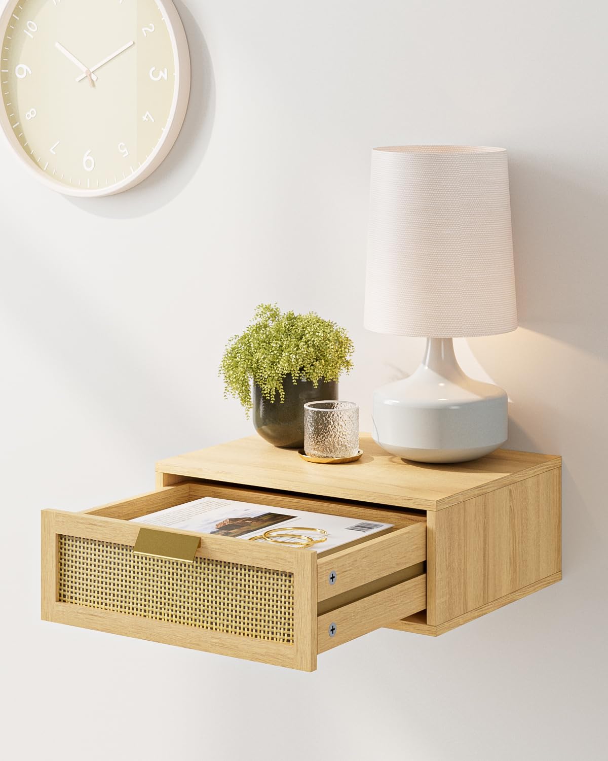 Aobafuir Floating Nightstand Shelf with Drawer, Small Modern Wall Mounted Nightstand, Shelves for Bedroom, Oak Rattan