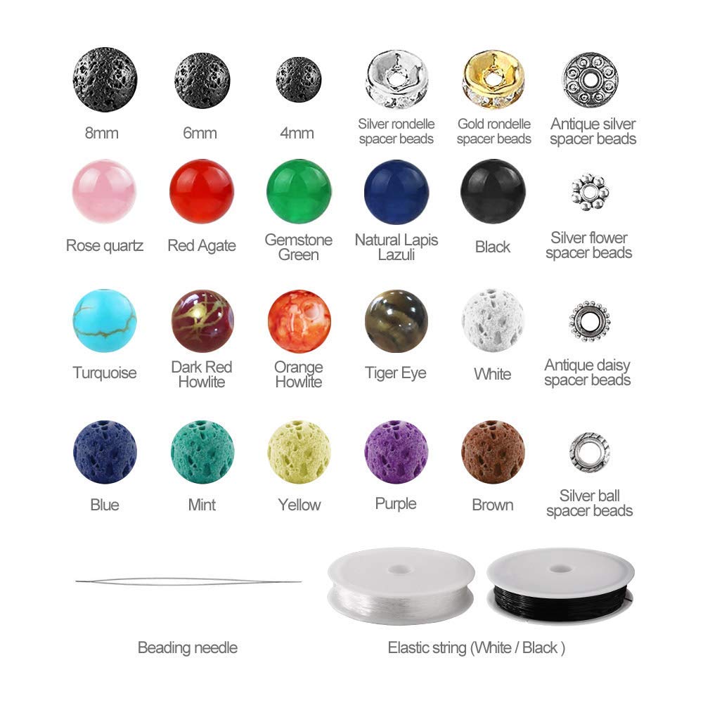 752pcs Lava Beads Kit, Lava Stone Rock Beads Chakra Beads Spacers Beads with 2 Rolls Elastic Bracelet String and Needle for Essential Oils Bracelet Necklace Jewelry Making (8mm 6mm 4mm)