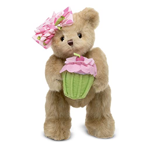 Bearington Casey The Birthday Cake Bear: 10โ Tall Stuffed Teddy with Ultra-Soft Faux-Fur, Expressive Face, Adorable Hair Bow and Plush Cupcake, Machine Washable, Birthday Gift for Kids or Adults